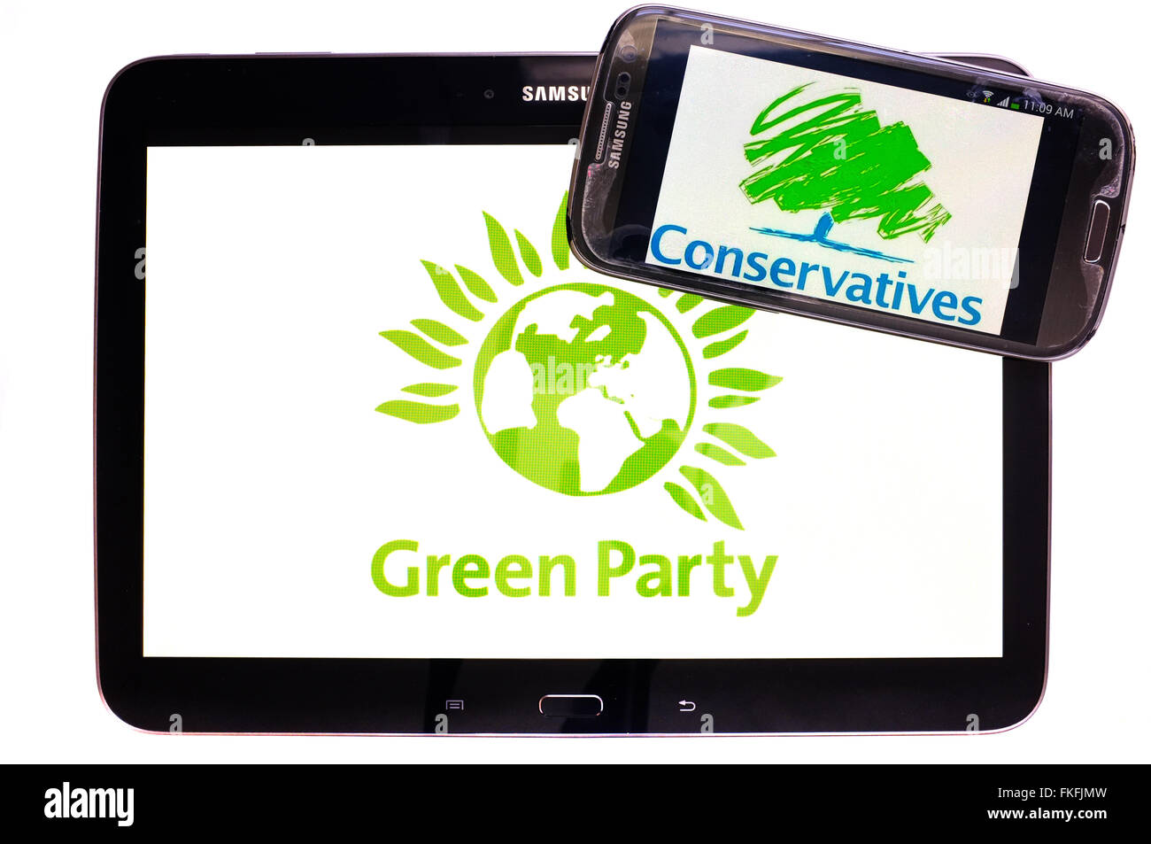 A tablet with the Green Party logo on it and a smartphone with the ...
