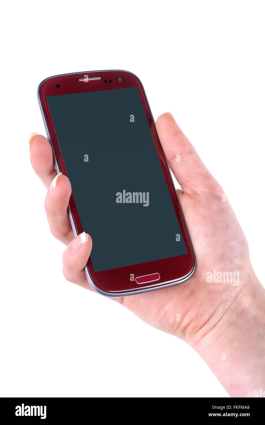 Red mobile in woman hand isolated on a white background Stock Photo - Alamy
