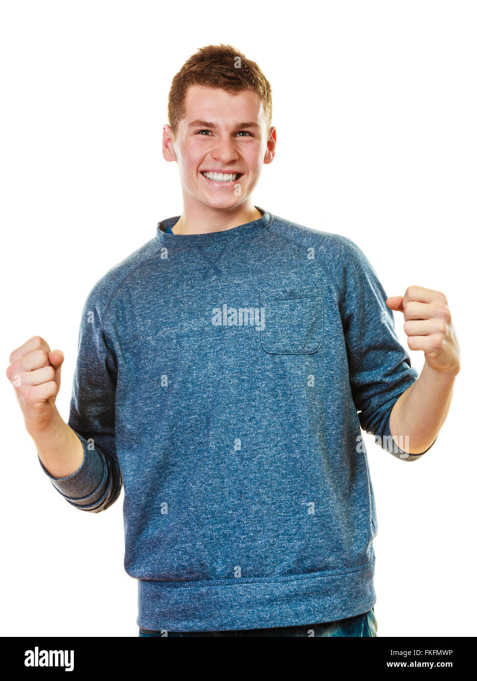 Success positive emotions. Happy young man successful lad with arms up ...