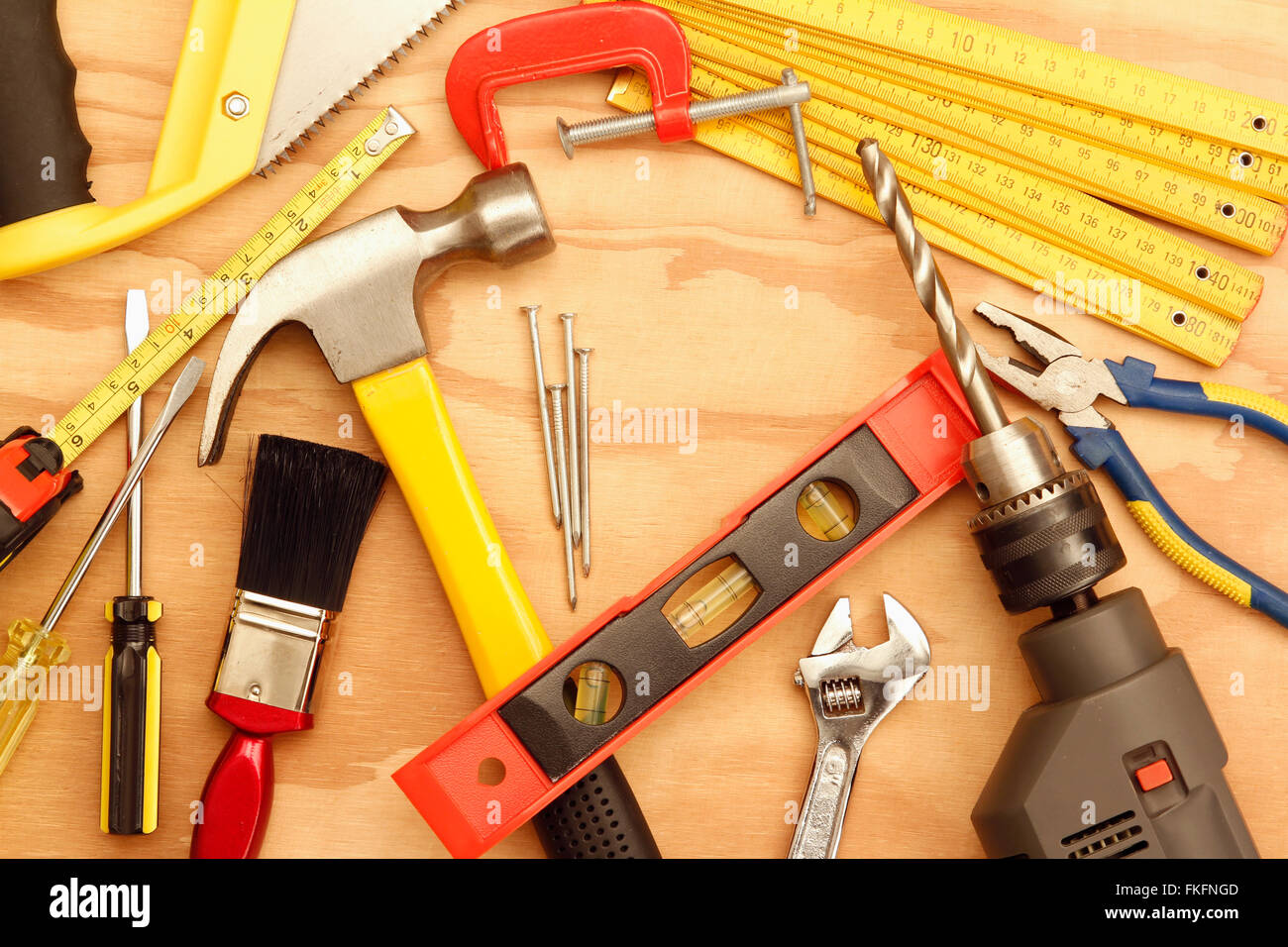 Assorted work tools on wood Stock Photo - Alamy