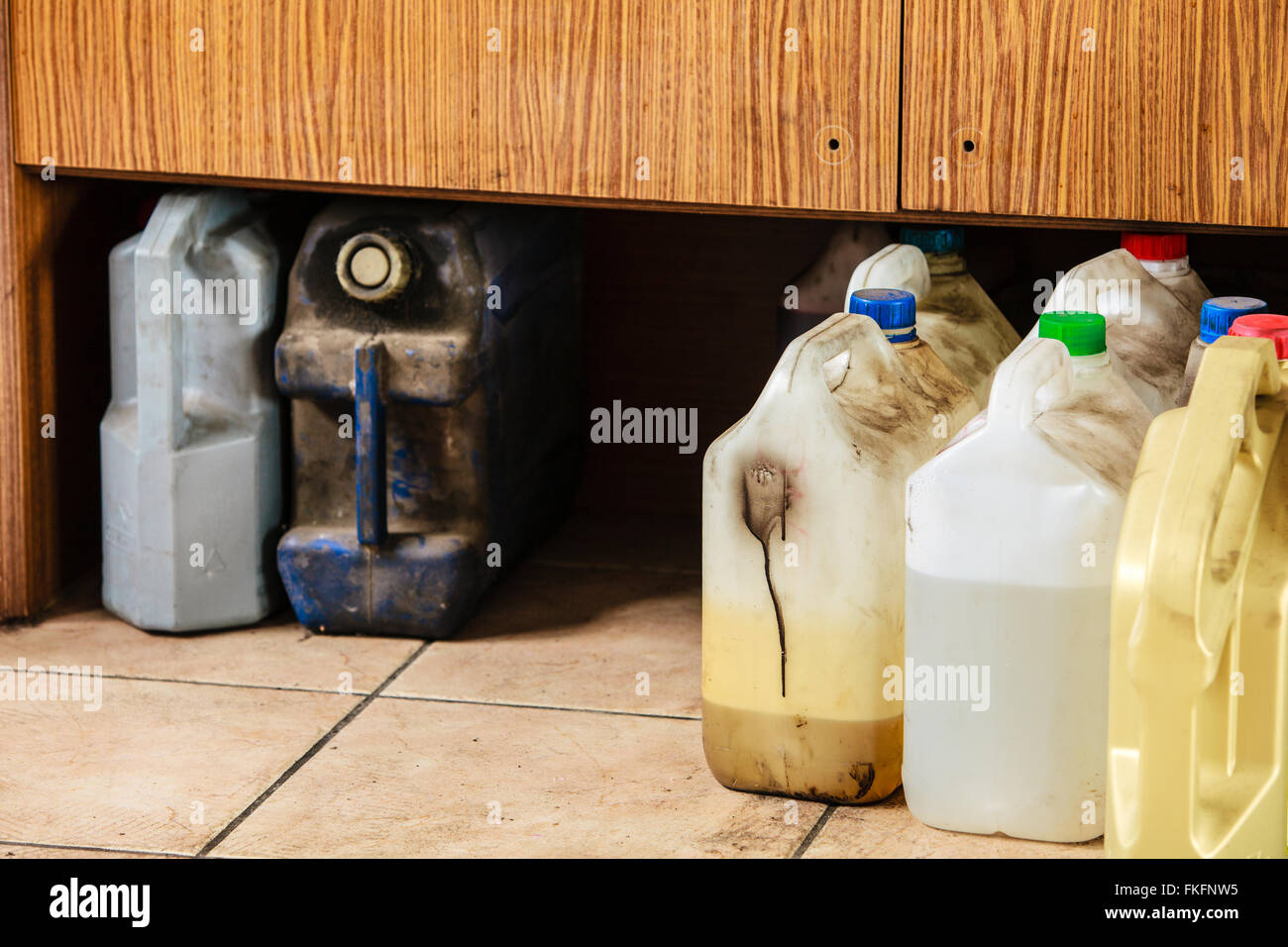 plastic containers oil can grunge bottles and tanks in mechanic garage ...