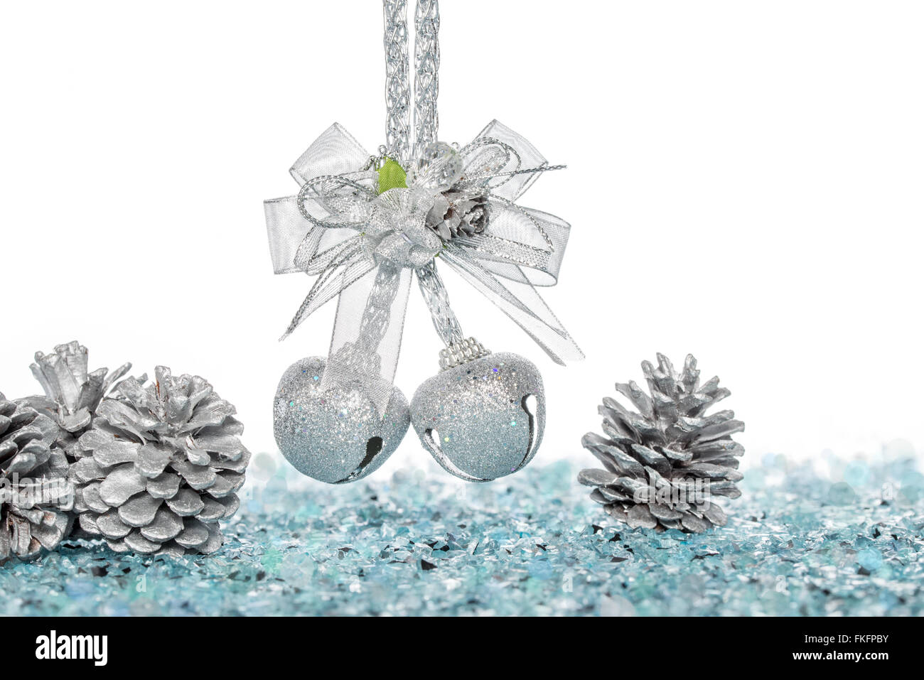 Luxury Silver jingle Bells and Pine Cone on Snow, hanging Decoration ...