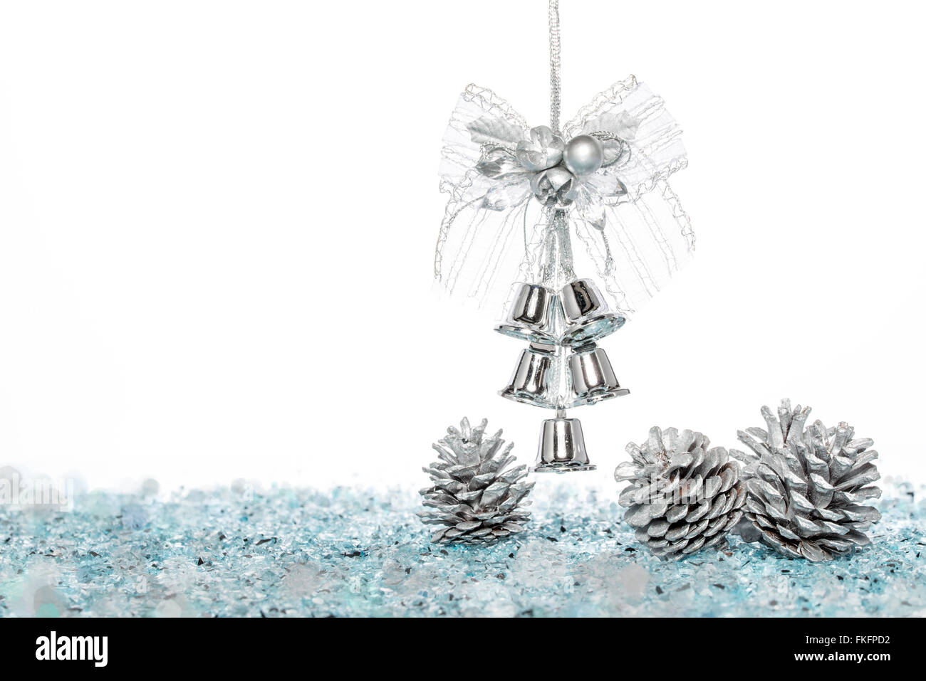 Luxury Silver jingle Bells with Snow and Pine Cone, hanging Decoration ...