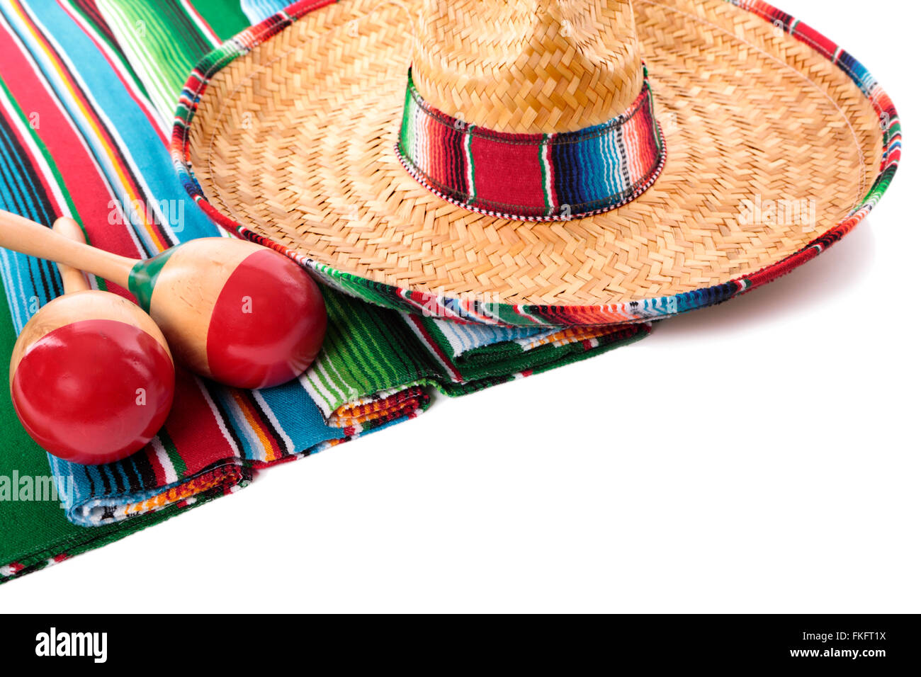 Traditional Mexican serape blanketor rug with sombrero and maracas ...