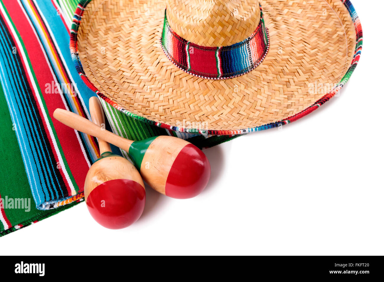 Traditional Mexican serape blanket or rug with sombrero and maracas ...