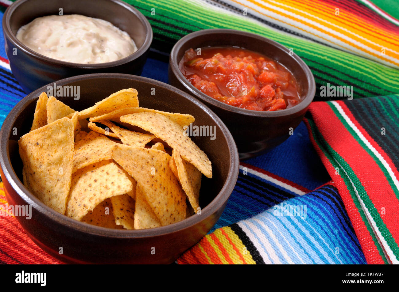 Mexican traditional serape blankets with salsa dip and tortilla chips ...
