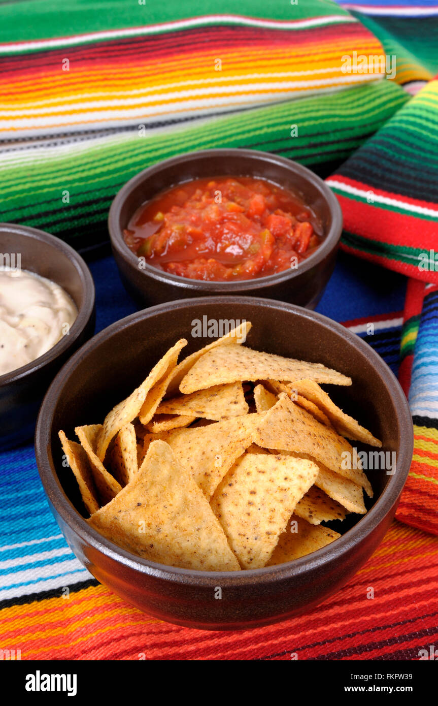 Mexican traditional serape blankets with salsa dip and tortilla chips ...