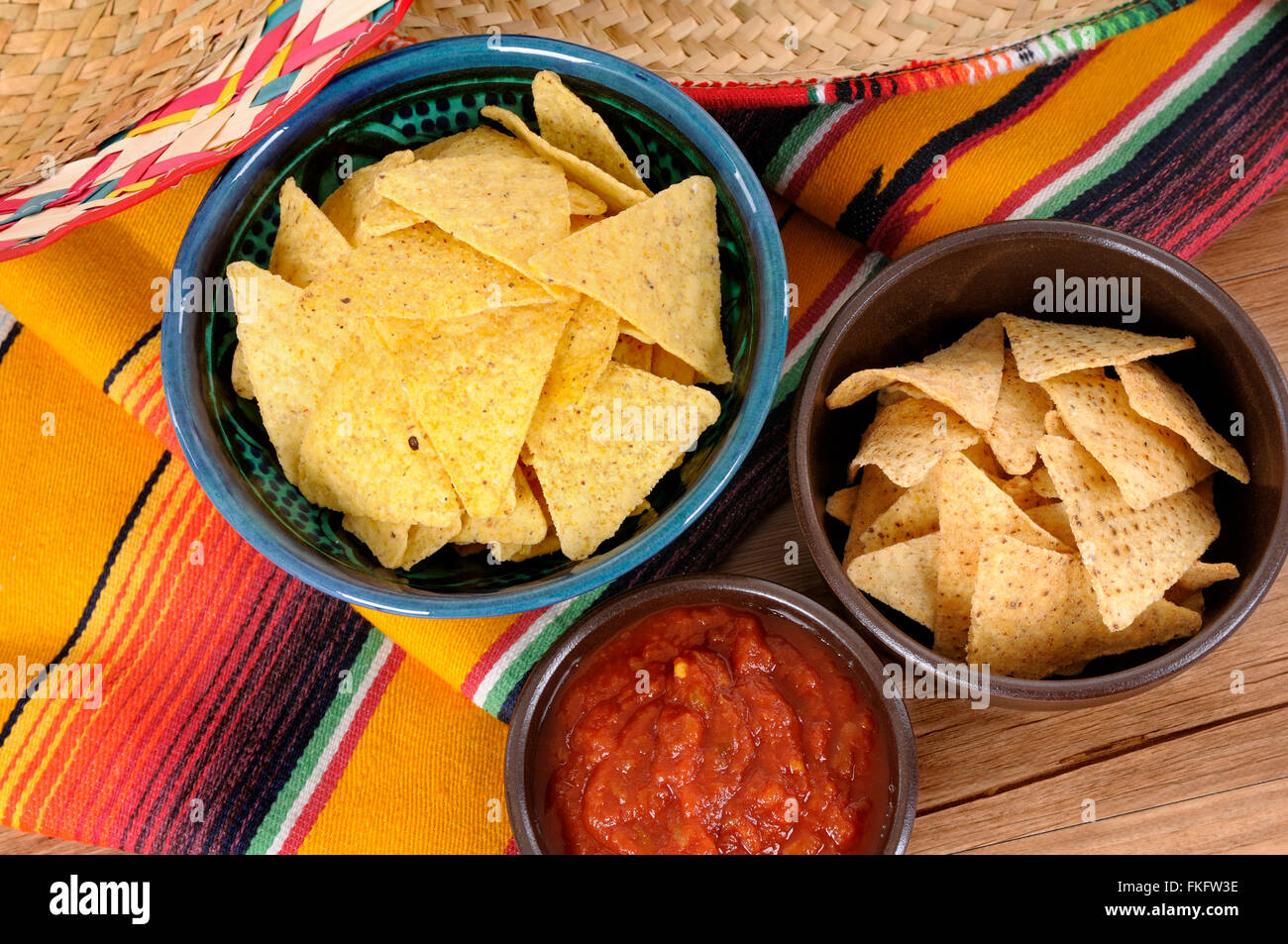 Mexican sombreros and traditional serape blankets with salsa dip and ...