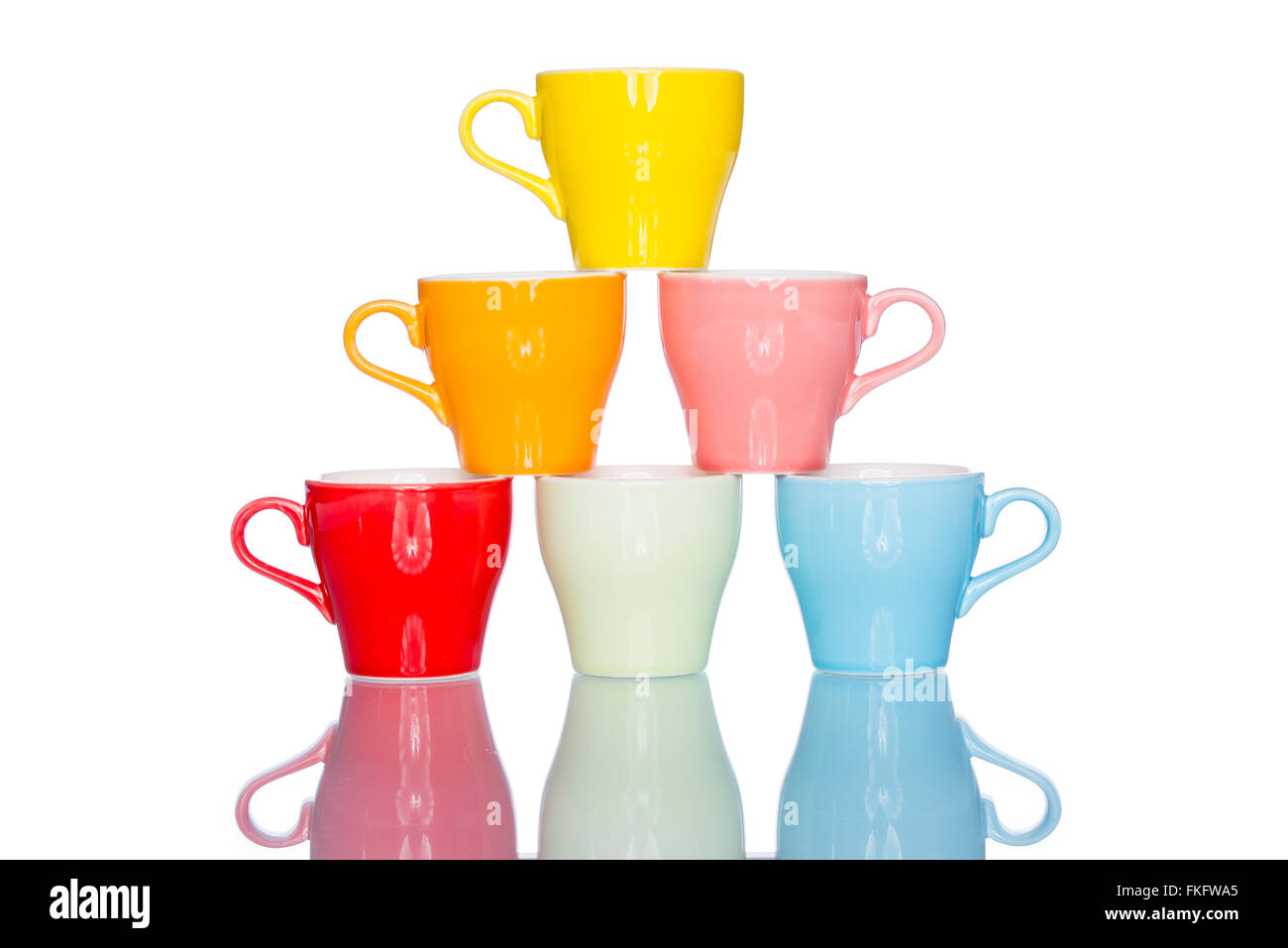 enjoy multiple colorful coffee cup mug on reflection table white ...