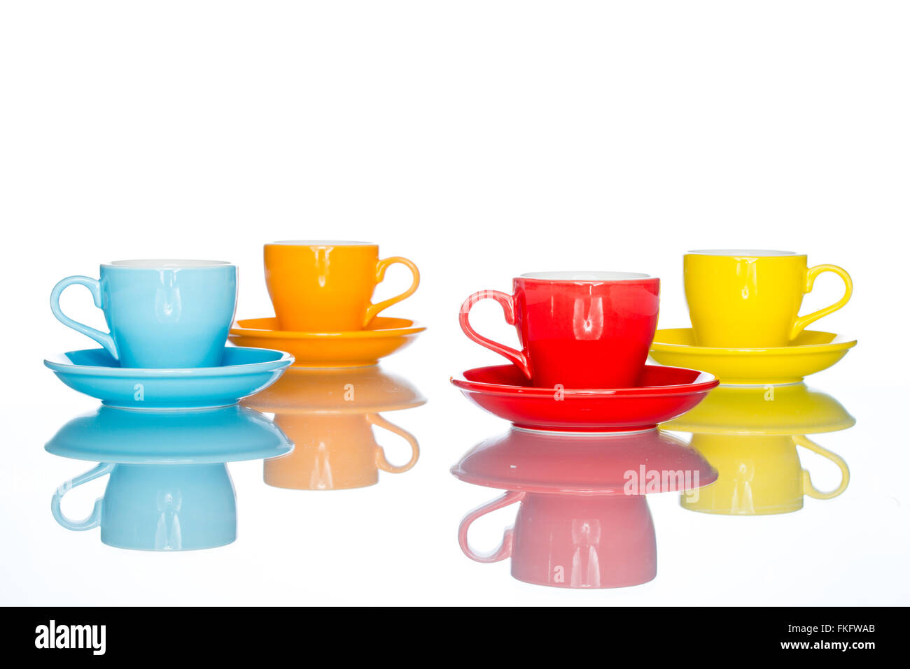 enjoy multiple colorful coffee cup mug on reflection table white ...