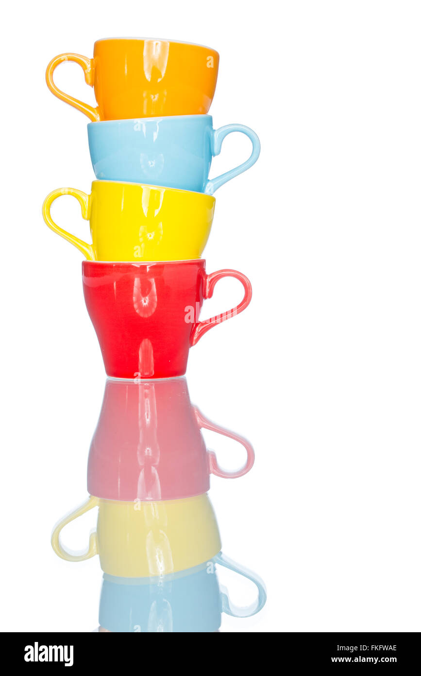 enjoy multiple colorful coffee cup mug on reflection table white ...