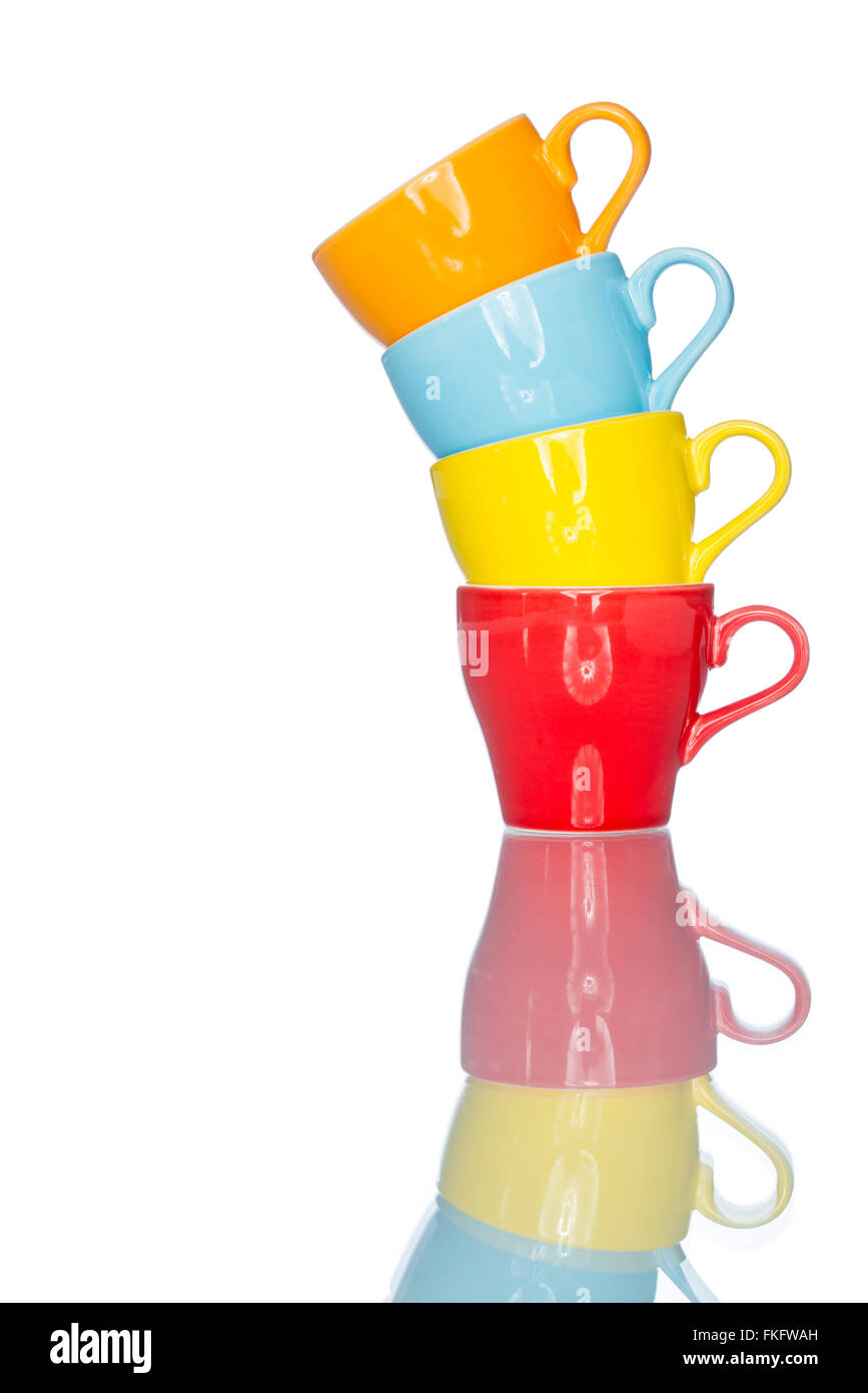enjoy multiple colorful coffee cup mug on reflection table white ...