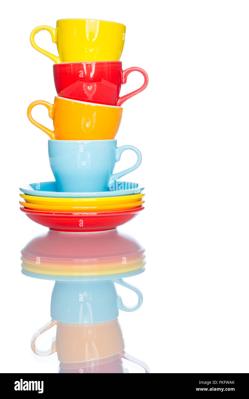 enjoy multiple colorful coffee cup mug on reflection table white ...