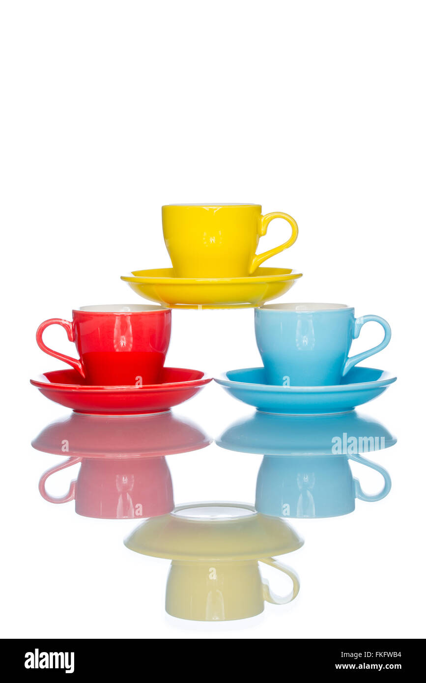 enjoy multiple colorful coffee cup mug on reflection table white ...