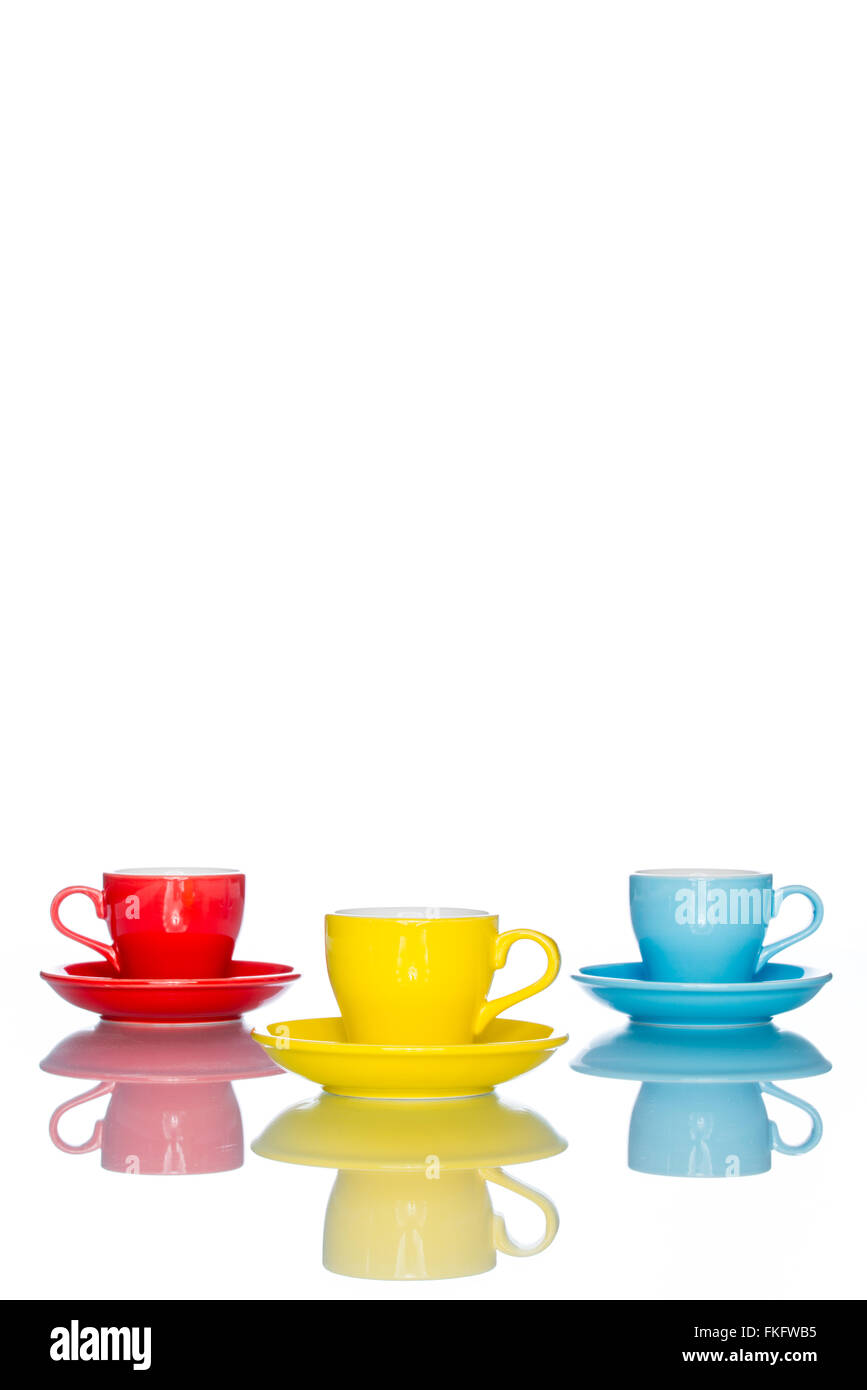 enjoy multiple colorful coffee cup mug on reflection table white ...