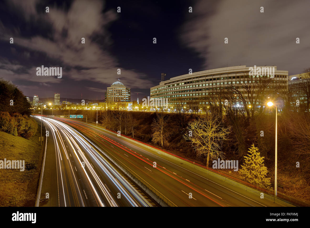 Portland Oregon Cityscape by Interstate Freeway I-84 at Night with ...