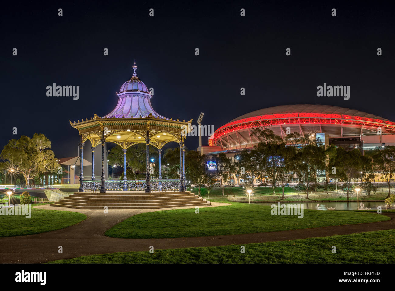 Night in Adelaide's Riverbank Precinct featuring the ornate Elder Park ...