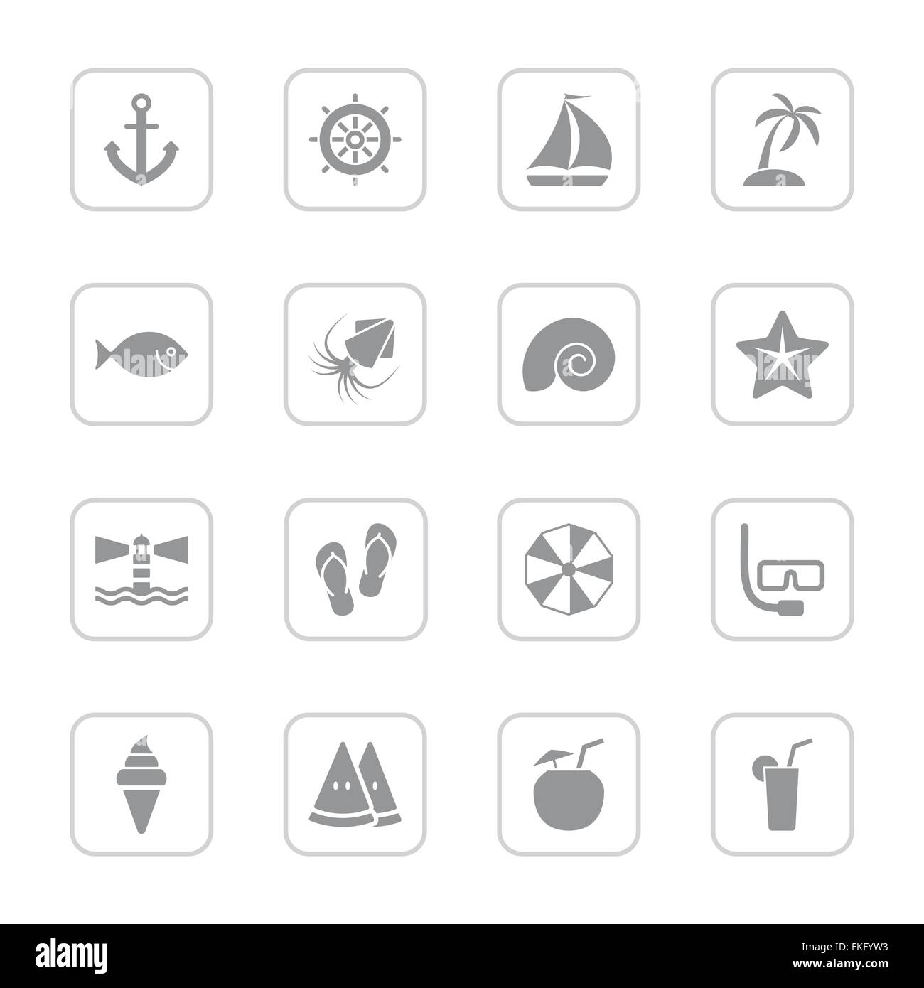 [EPS10] gray flat summer icon set with rounded rectangle frame for web design, user interface ...