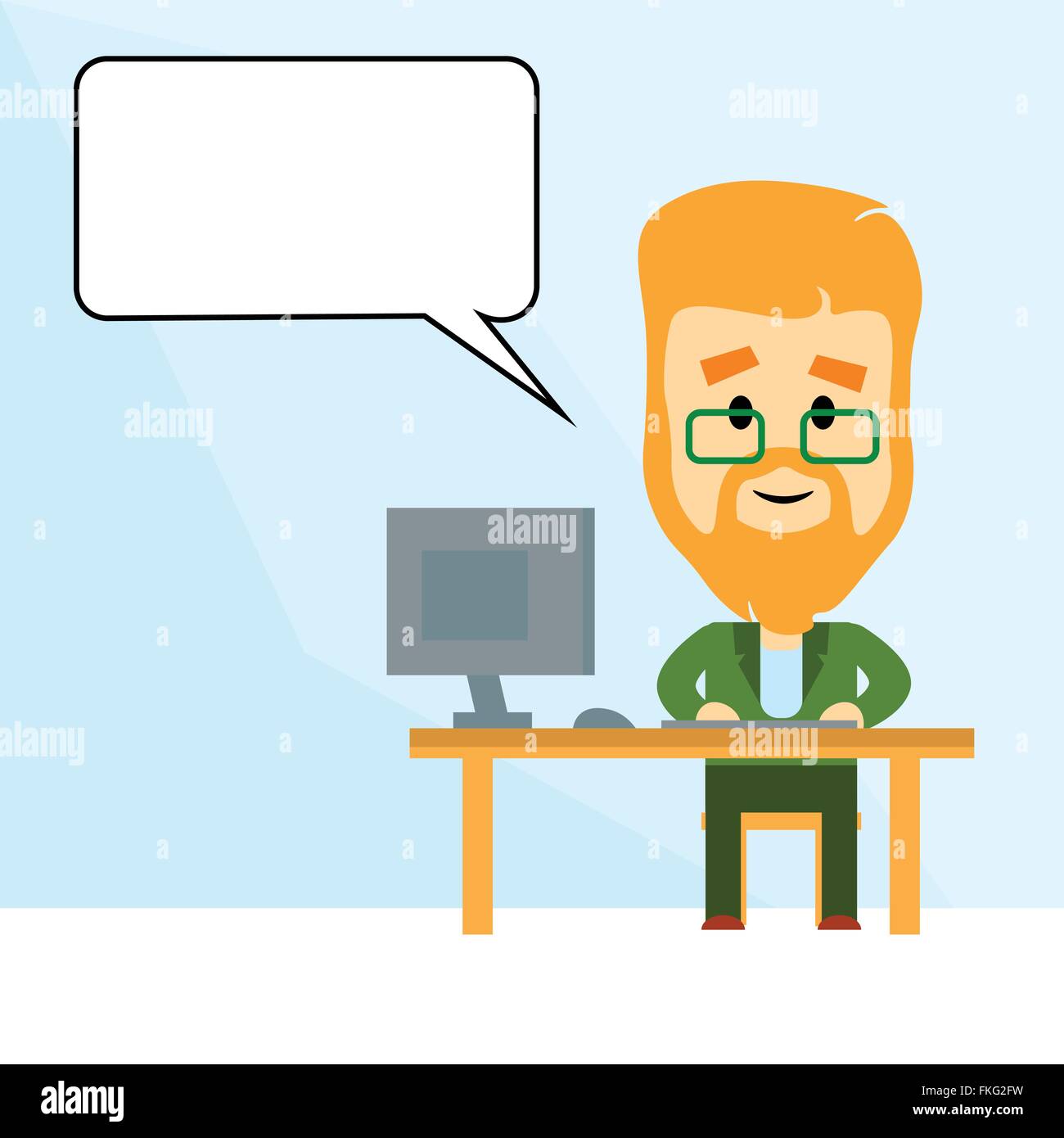 Cartoon Business Man Working At Computer Desktop Chat Bubble Stock ...