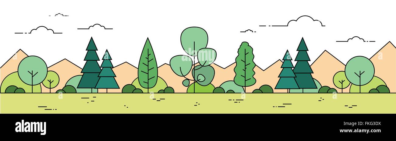 Summer Forest Mountain Landscape View Thin Line Banner Stock Vector ...