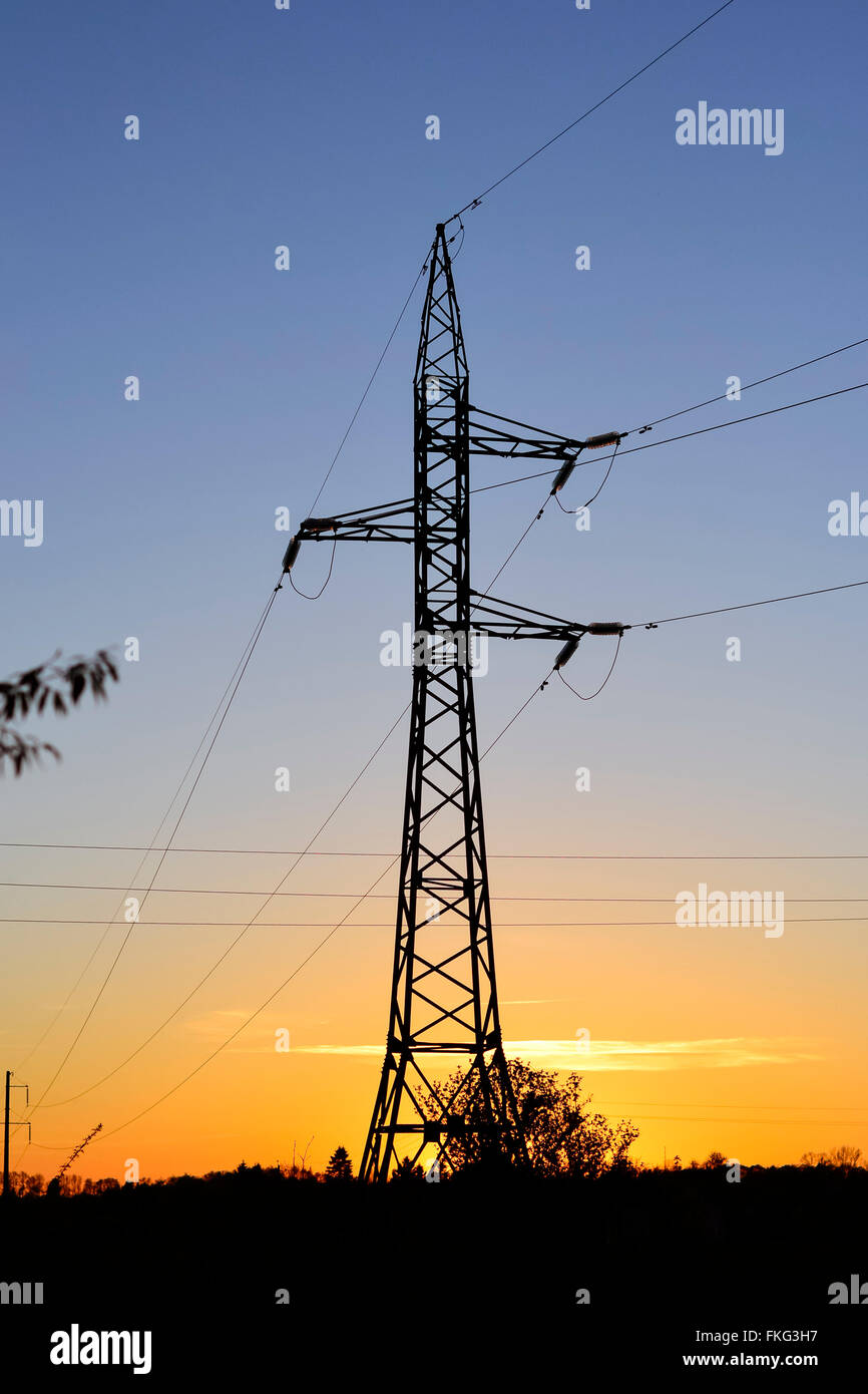 Electricity pylons, power lines and contours of trees and bushes ...