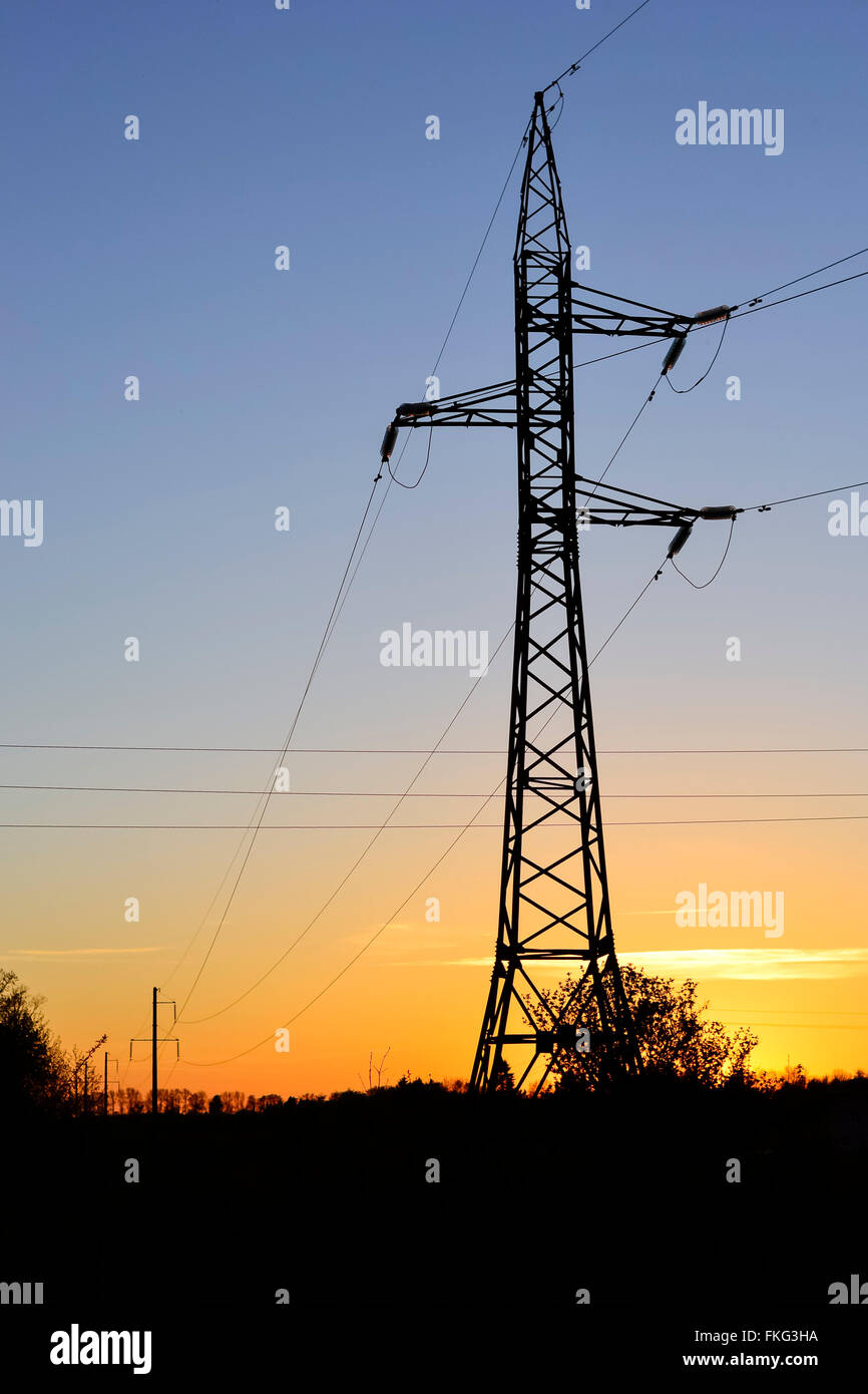 Electricity pylons, power lines and contours of trees and bushes ...