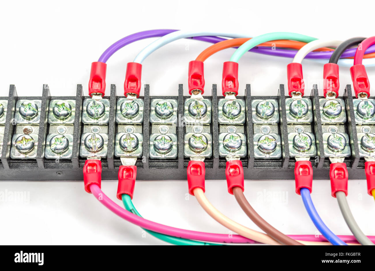 Plate of terminals used to connect electrical wires to the mains Stock ...