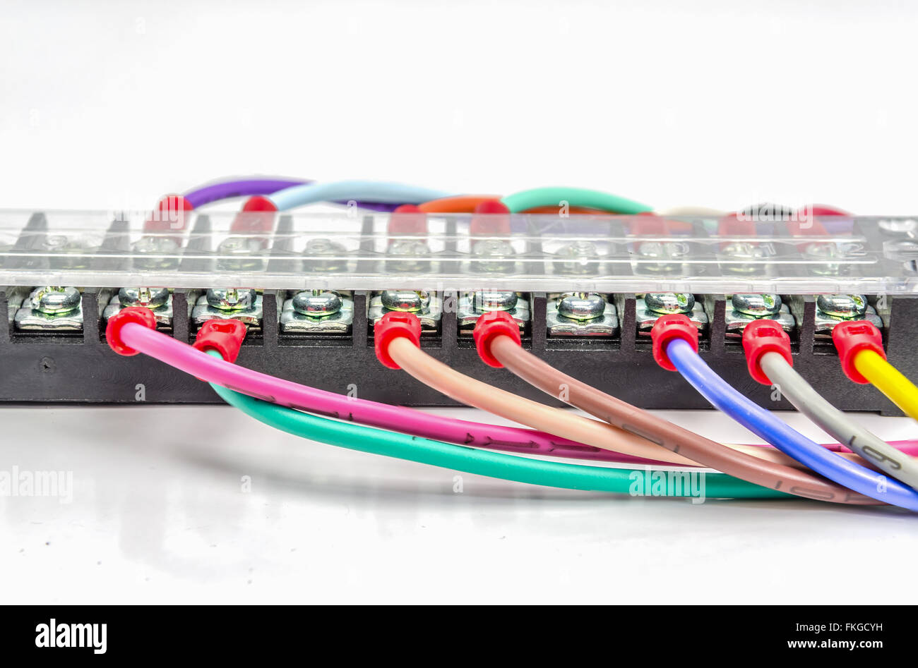 Plate of terminals used to connect electrical wires to the mains Stock ...