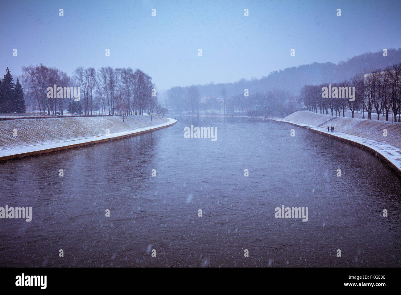 Embankment of Neman river in winter in blizzard, Vilnius, Lithuania ...