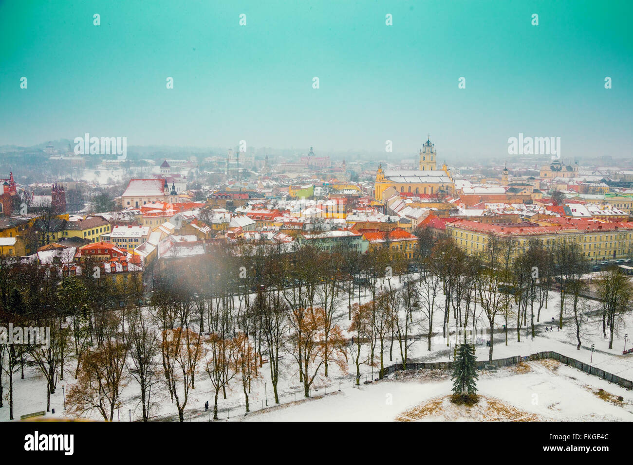 Panoramic view of Vilnius city in Lithuania in snowstorm Stock Photo ...