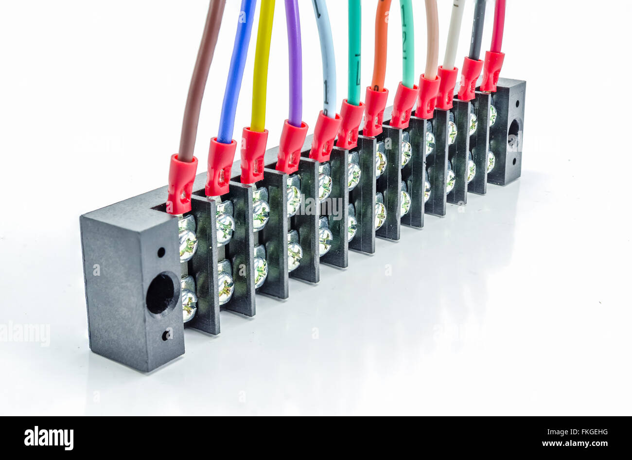Plate of terminals used to connect electrical wires to the mains Stock ...