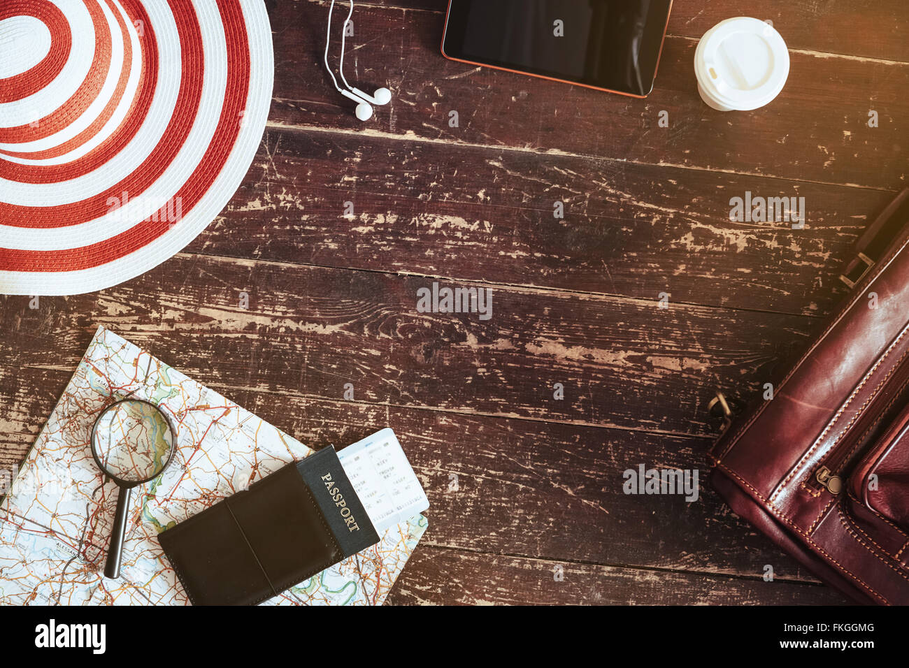 Top view photo of travel objects Stock Photo - Alamy