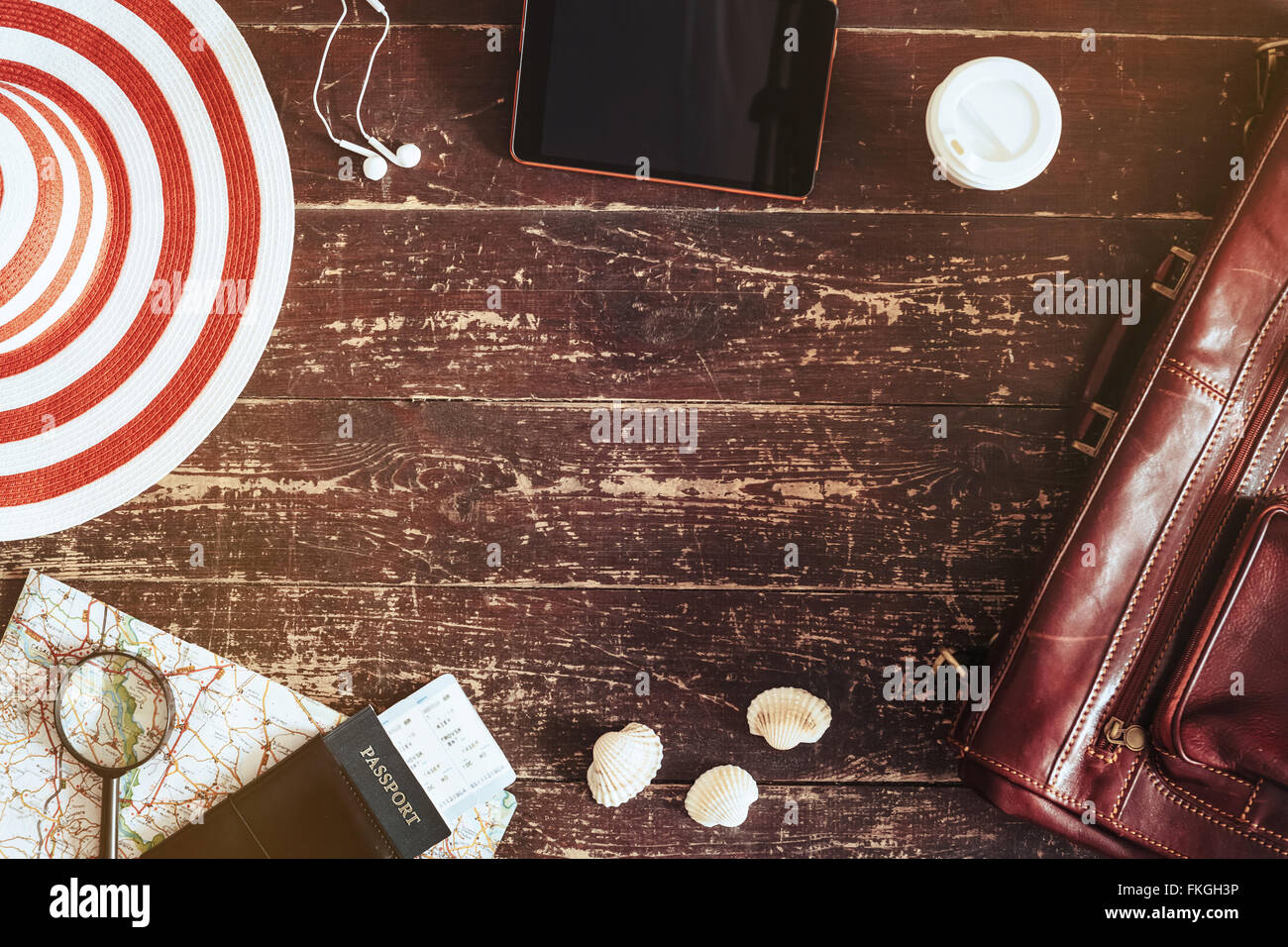 Top view photo of travel objects Stock Photo - Alamy