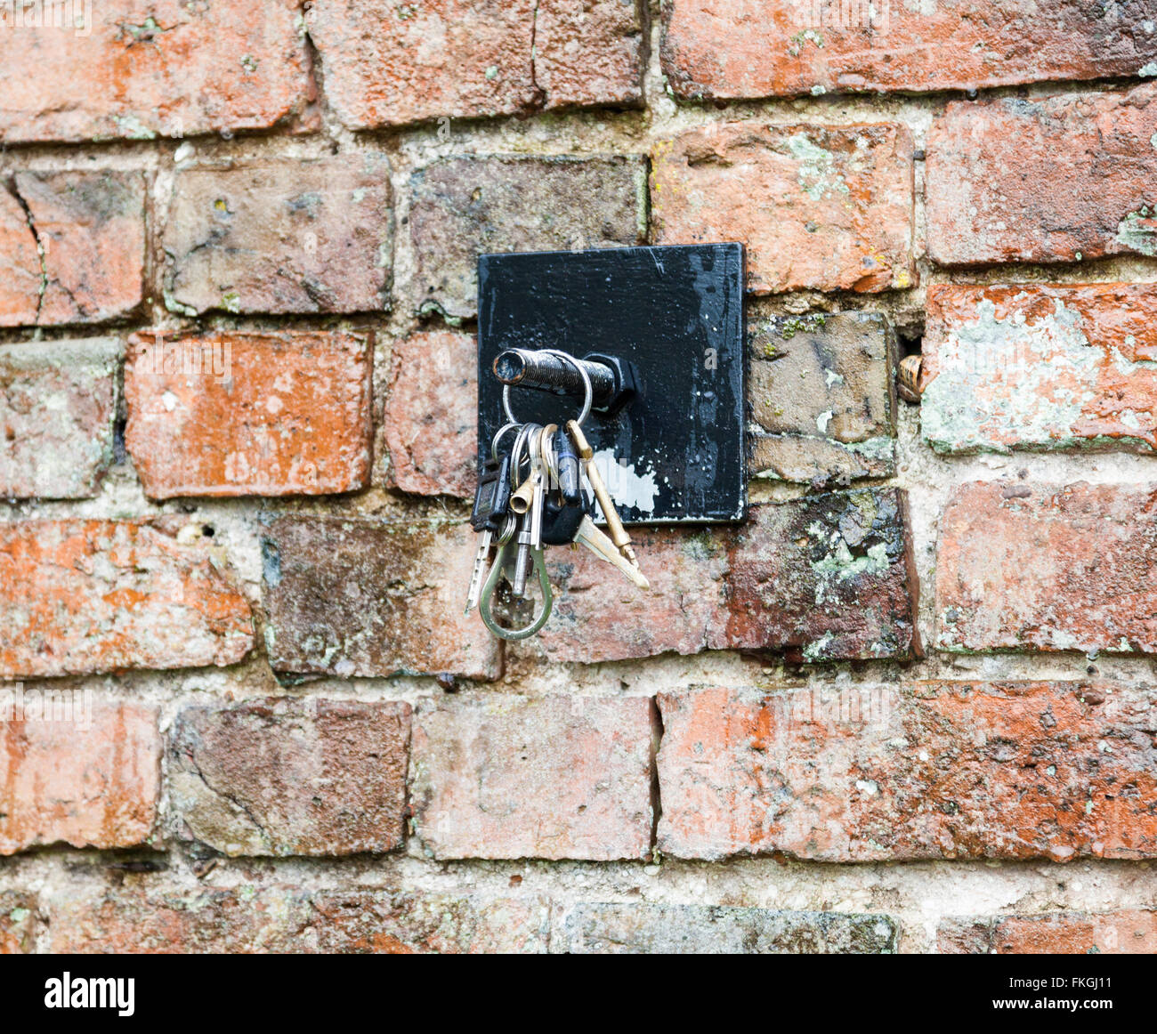 A bunch of keys hanging on a hook on a brick wall Stock Photo - Alamy