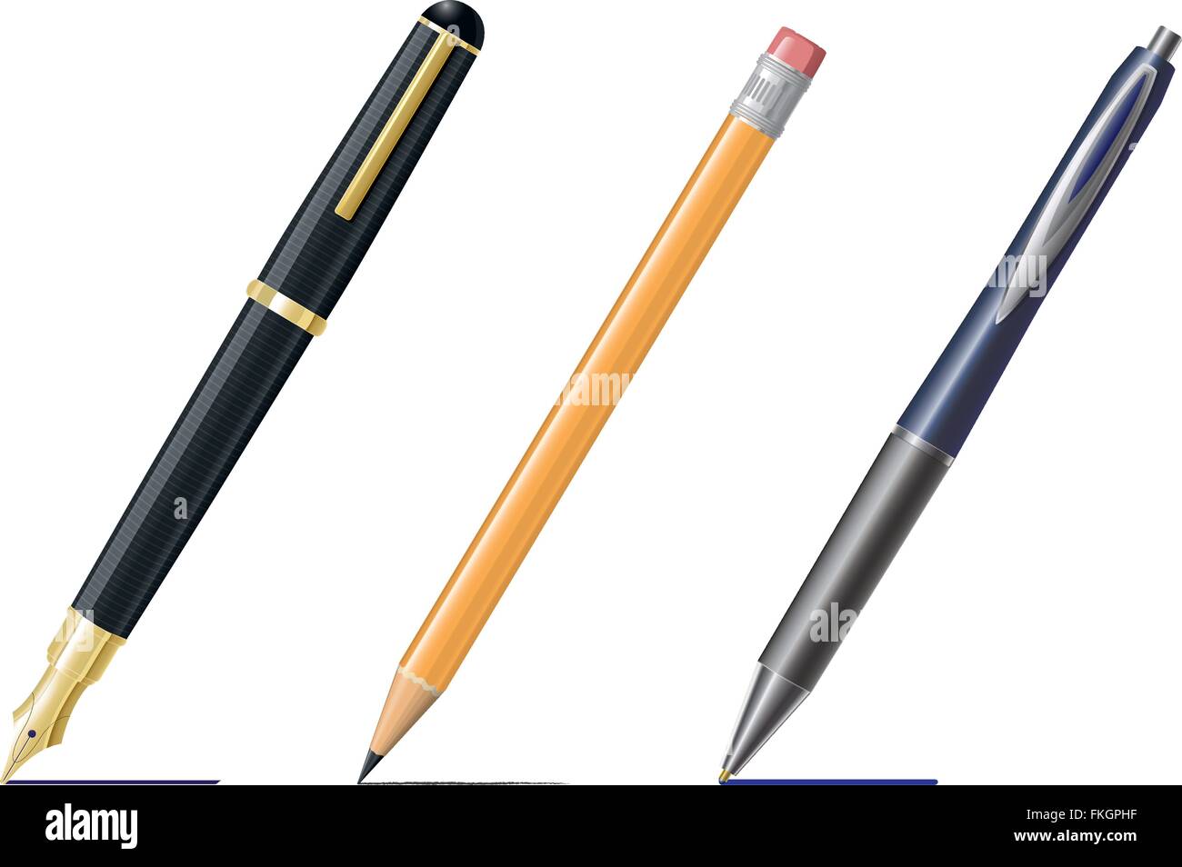 Fountain pen, pencil and ballpoint pen drawing lines. Lines are on ...