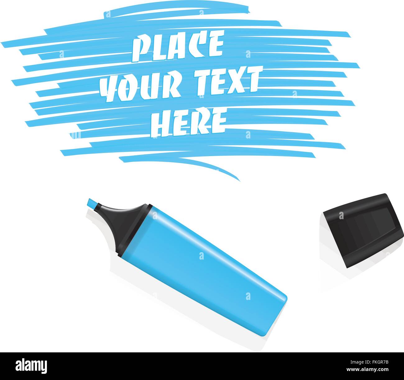 Realistic blue highlighter and cap on white background. Scribbled field ...