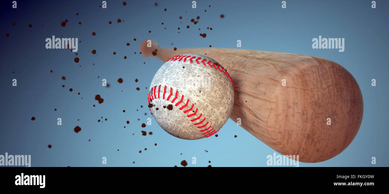 wooden baseball bat hitting a ball isolated on blue background Stock ...