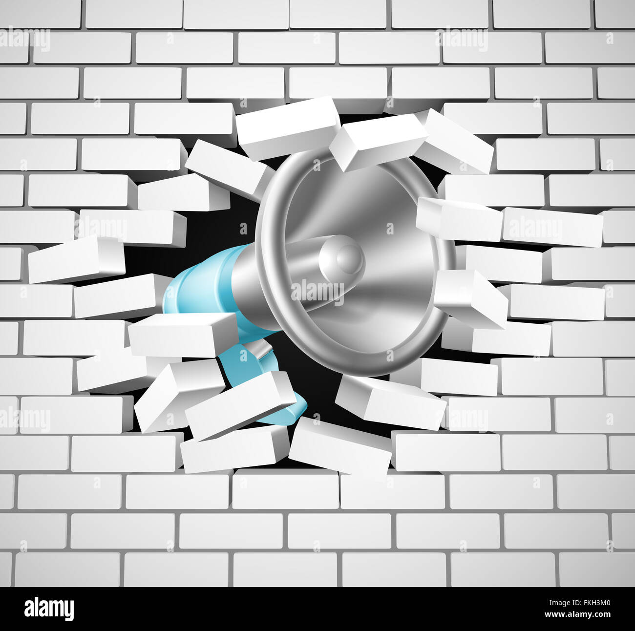 A megaphone bursting through a white brick wall background Stock Photo ...