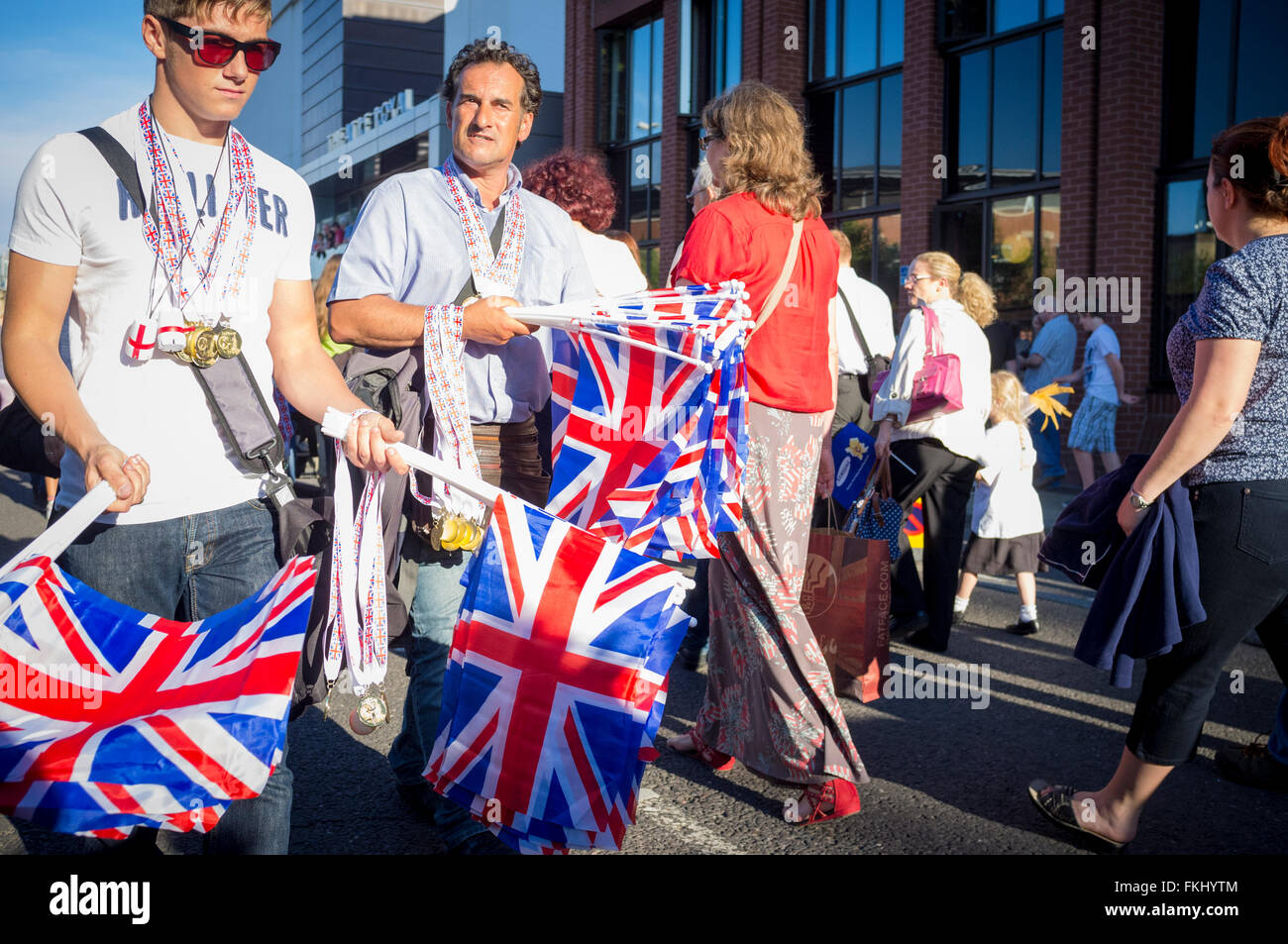 Street vendors selling Union Jack flags on the street in the sun Stock ...