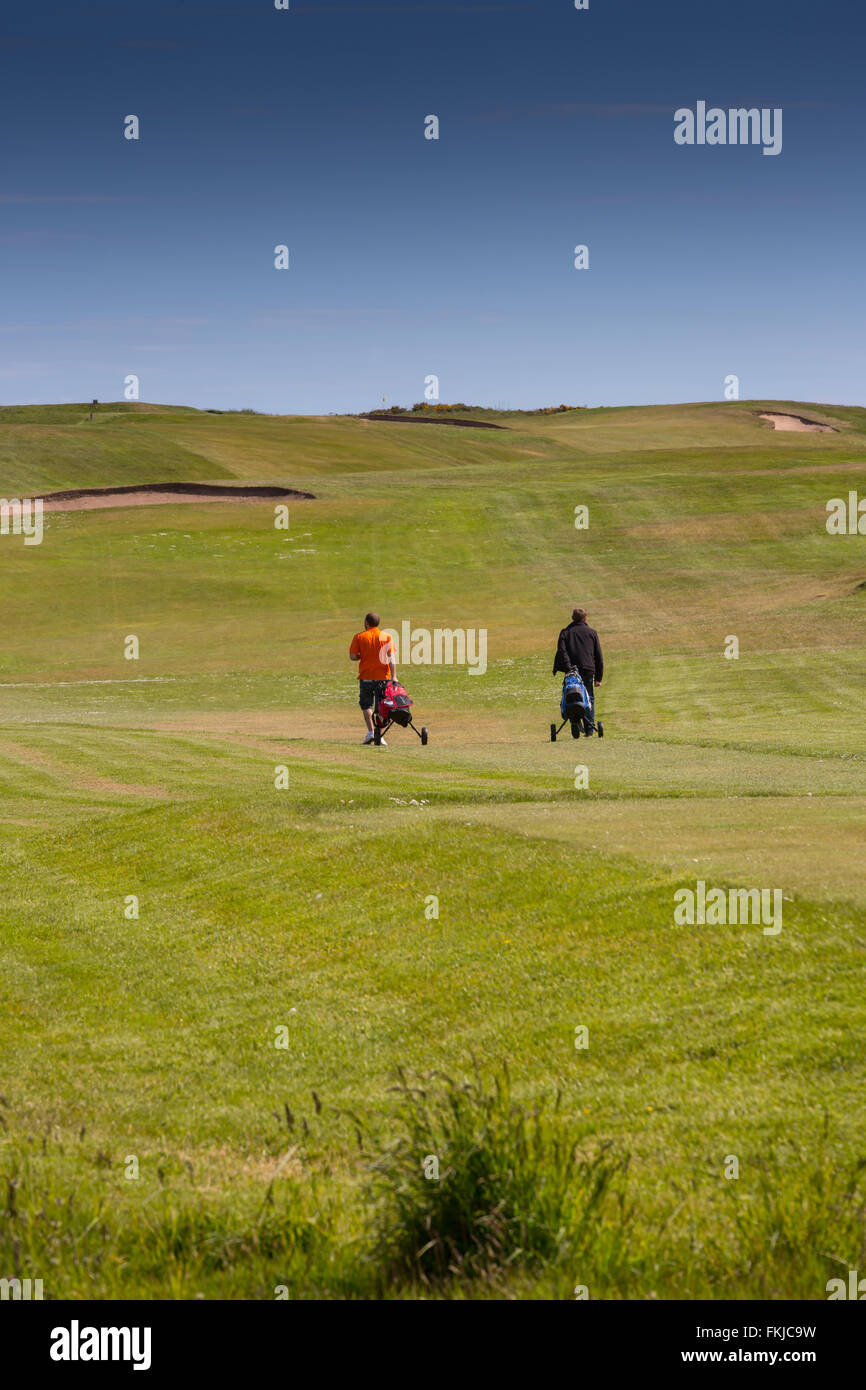 Golfers walking on Balnagask Golf Course in the city of Aberdeen ...