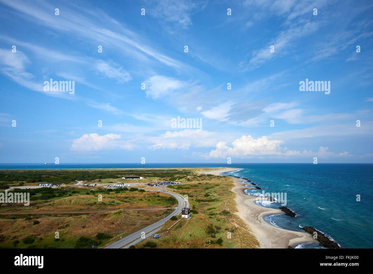 View from the lighthouse to the tip of Skagen is Grenen beach, Denmark ...