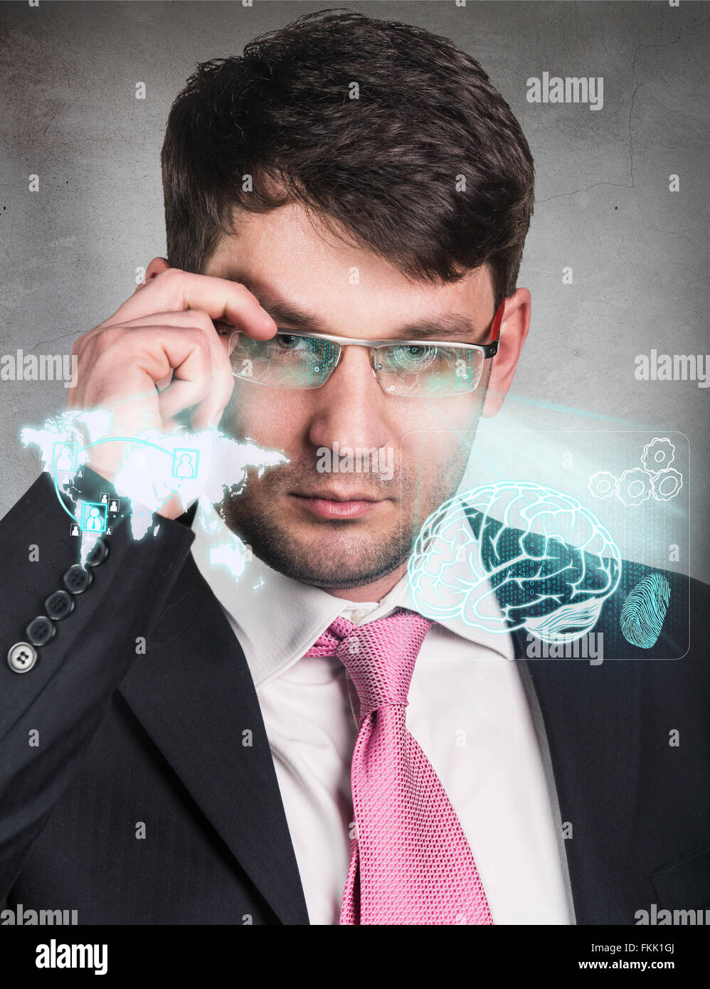 Businessman working with a futuristic glasses Stock Photo - Alamy