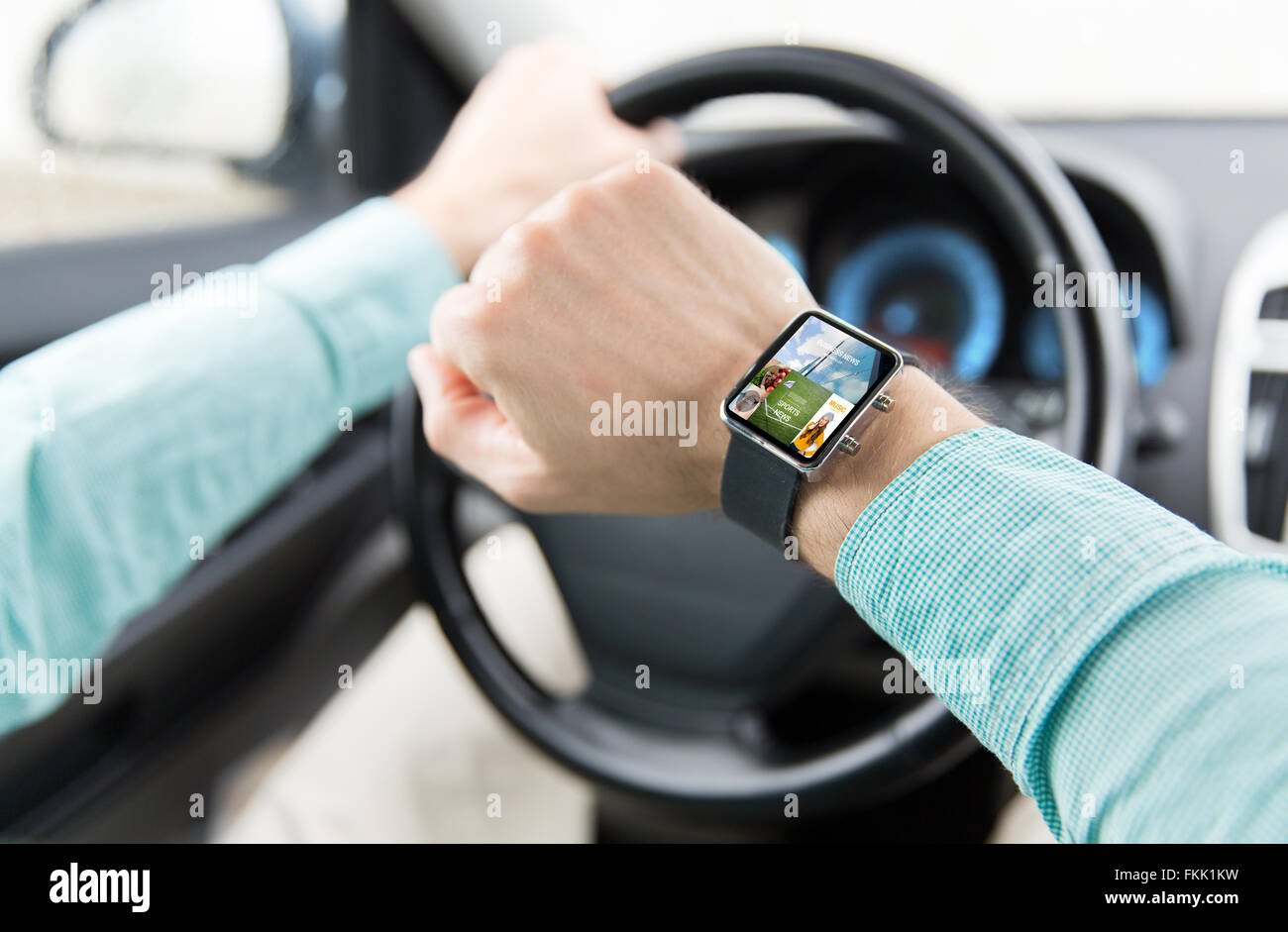 close up of male hands with smartwatch driving car Stock Photo - Alamy