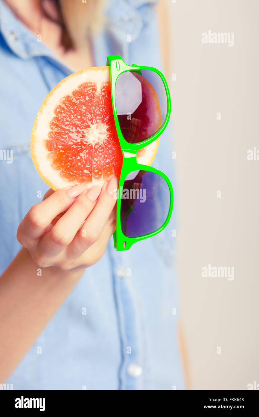 Summer girl holding grapefruit. Happy tourist enjoyed vacation Stock ...