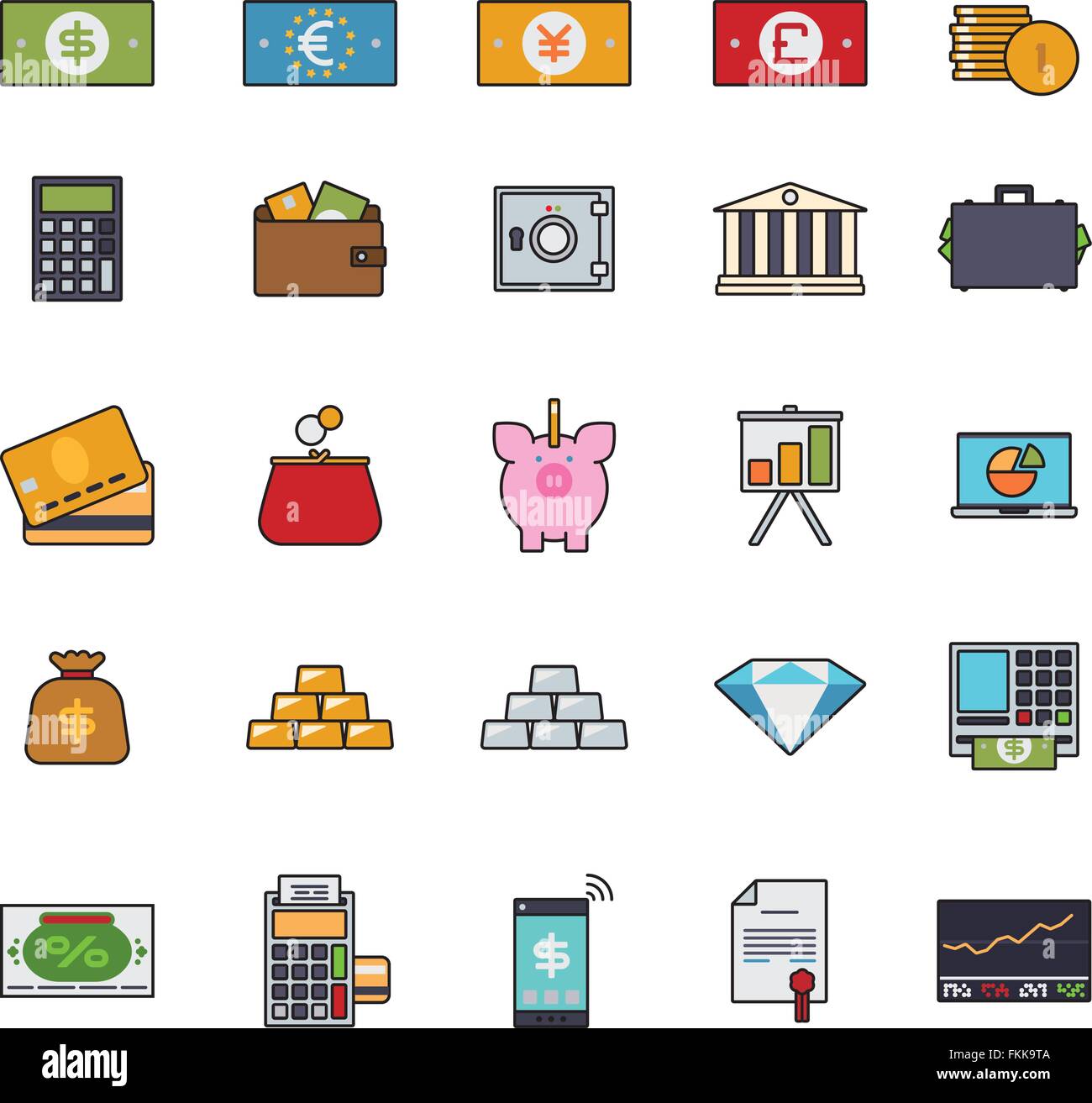 Collection of money, finance and banking related line icons with color ...