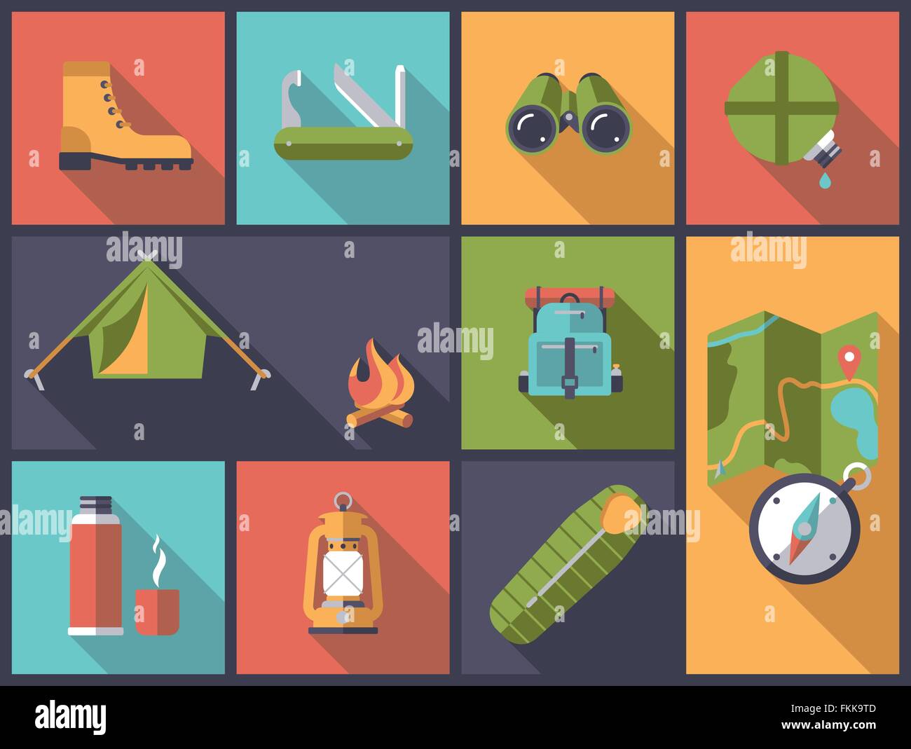 Flat design illustration with camping and outdoor equipment symbols ...
