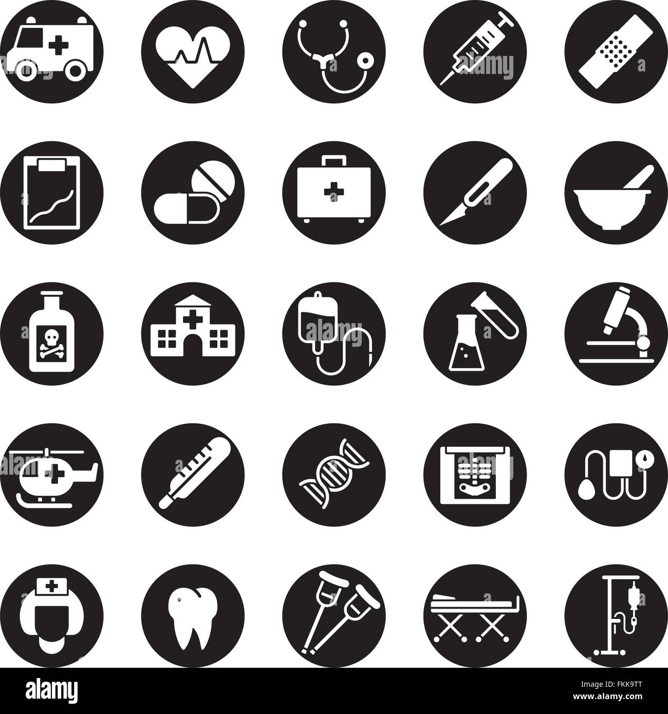 Collection of 25 medical and health care glyphs, negative in black ...