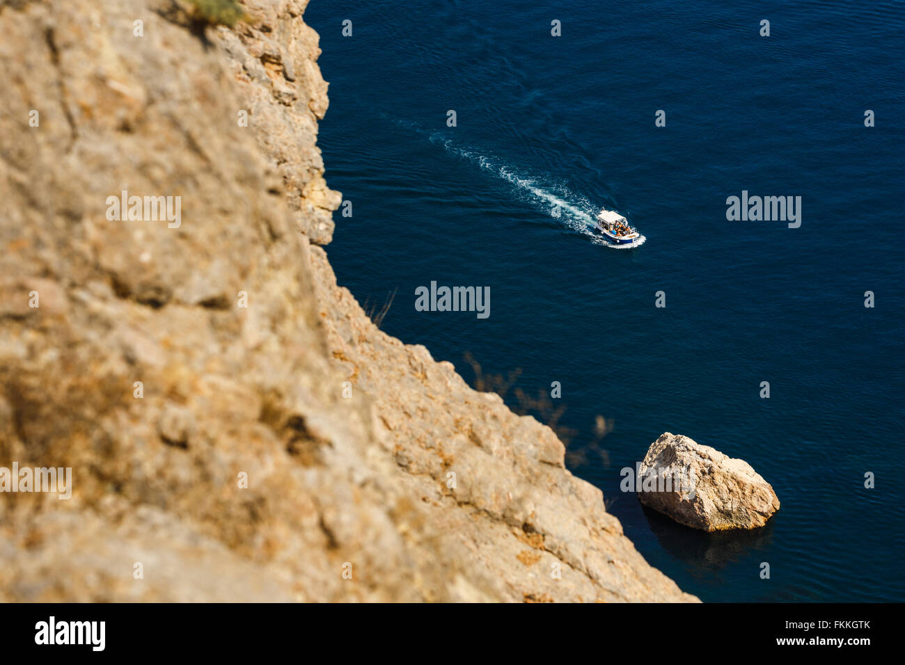 top-down view on the passenger boat floating along the shore Stock ...
