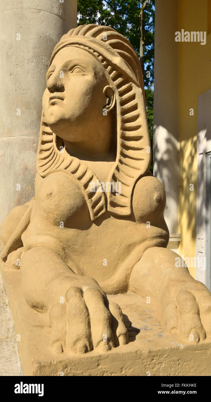 Statue of a sphinx in the park in district BUG in Bamberg, Germany ...