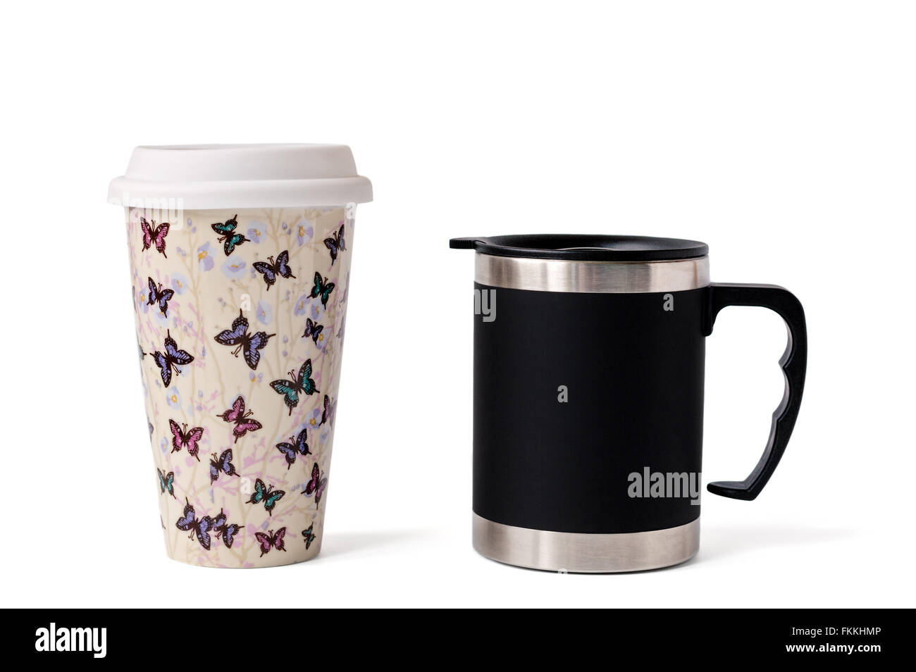 Two insulated coffee mugs isolated on white Stock Photo - Alamy